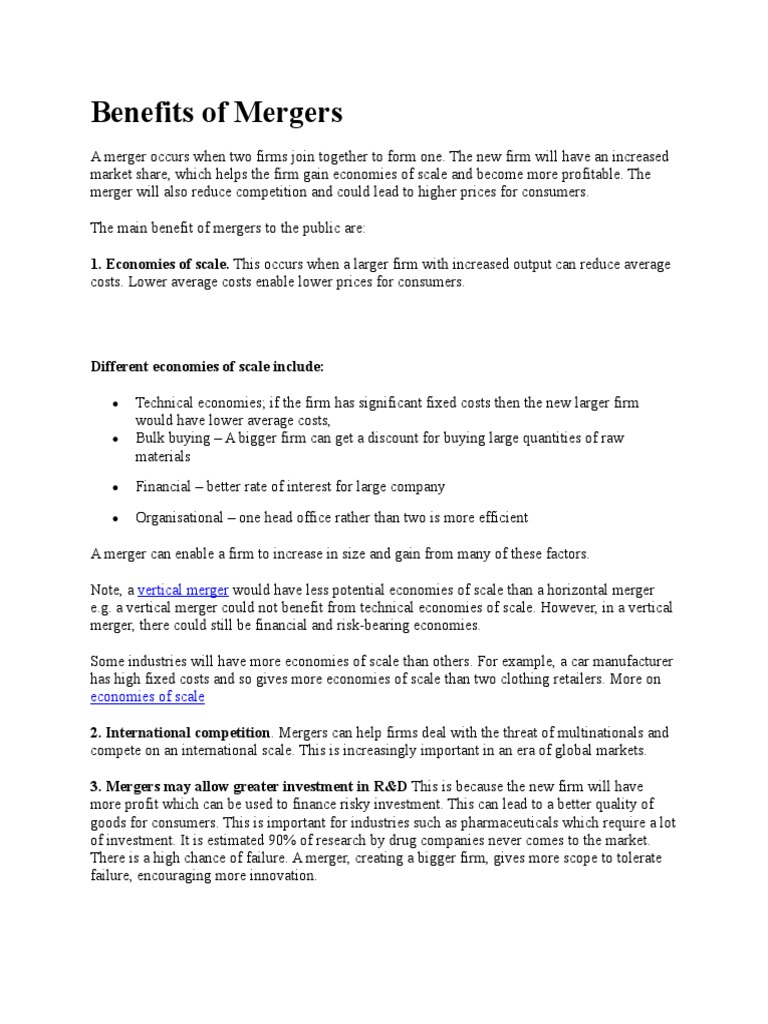 Benefits of Mergers | PDF | Economies Of Scale | Mergers And Acquisitions