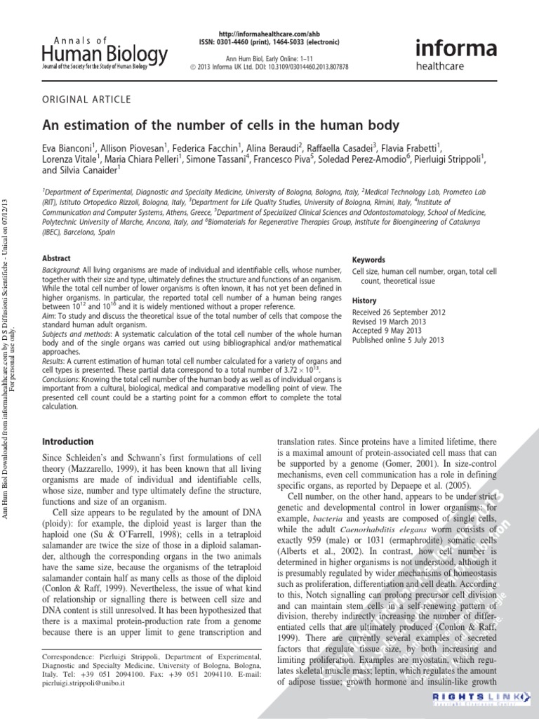 Estimating Total Human Cell Count | PDF | Ploidy | Cartesian Coordinate ...