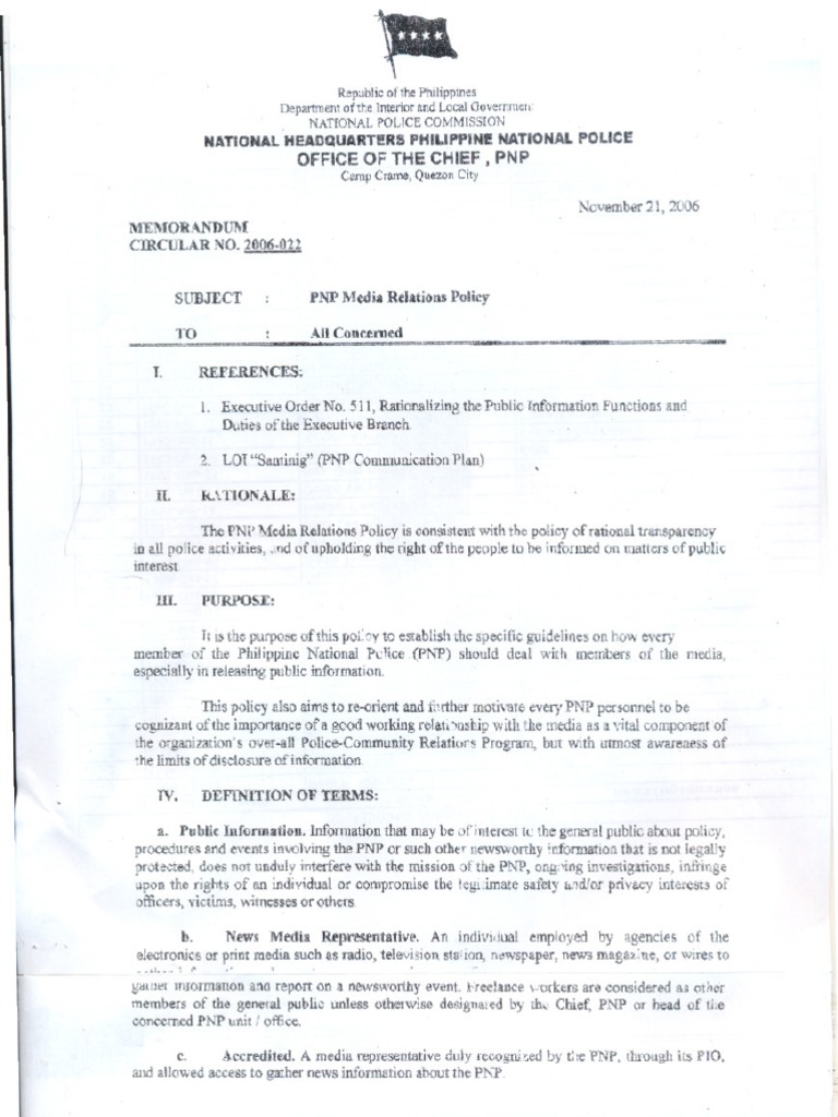 PNP Media Guidelines (MC 2006-022) | PDF