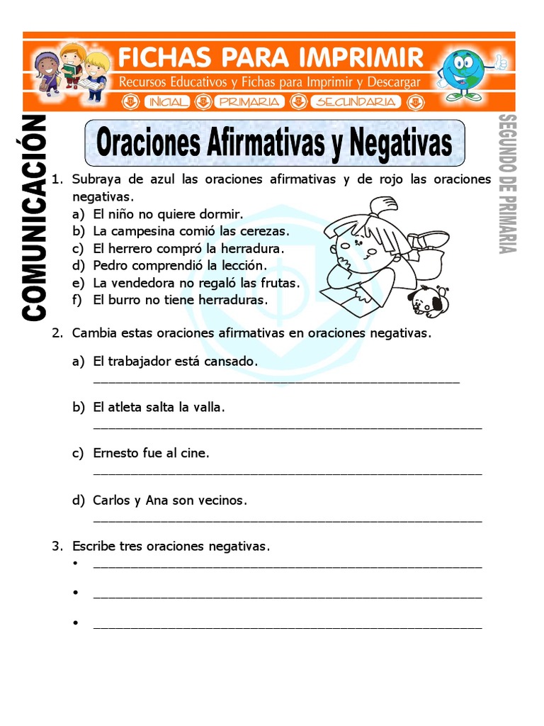 Ficha de Oraciones Afirmativas y Negativas para Segundo de Primaria | PDF