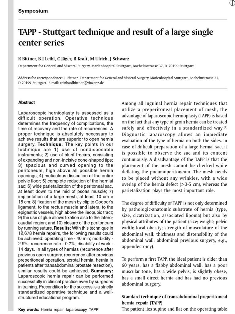 TAPP - Stuttgart Technique and Result of A Large Single Center Series | PDF | Abdomen | Medical ...