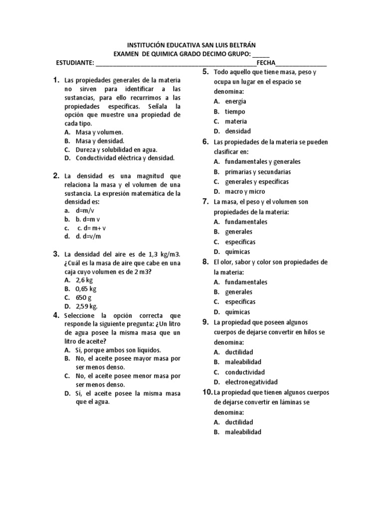 Examen de Propiedades de la Materia | PDF | Densidad | Masa