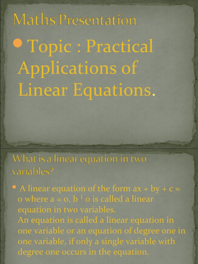 Topic: Practical Applications of Linear Equations | PDF | Equations ...