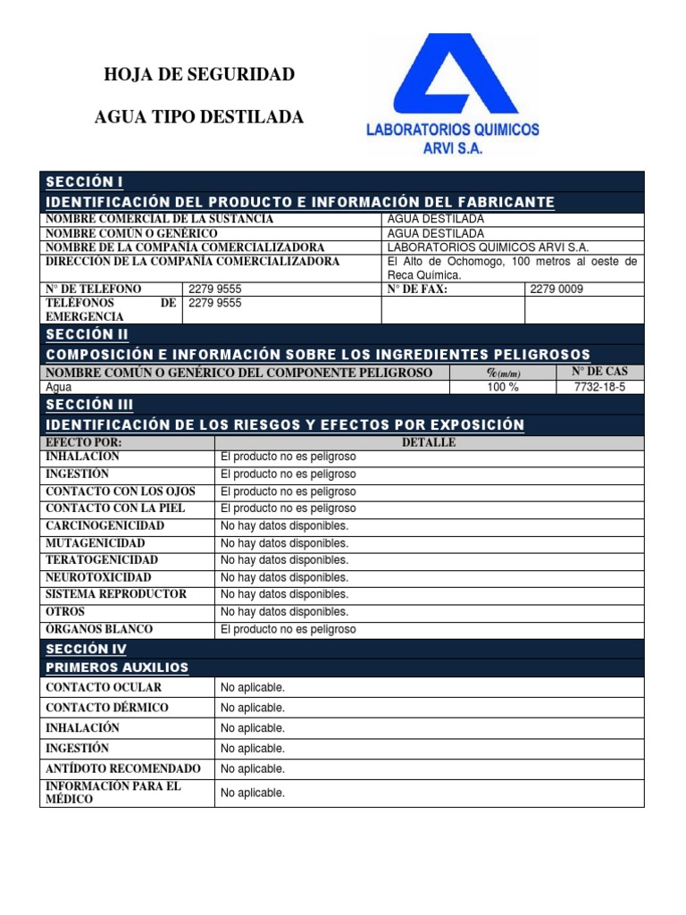 Hoja de Toxicidad, Agua Destilada | PDF | Toxicidad | Agua