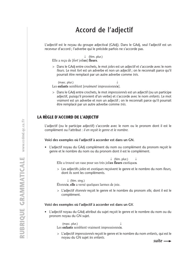 Accord de l'Adjectif en Grammaire | PDF | Genre grammatical | Sujet ...
