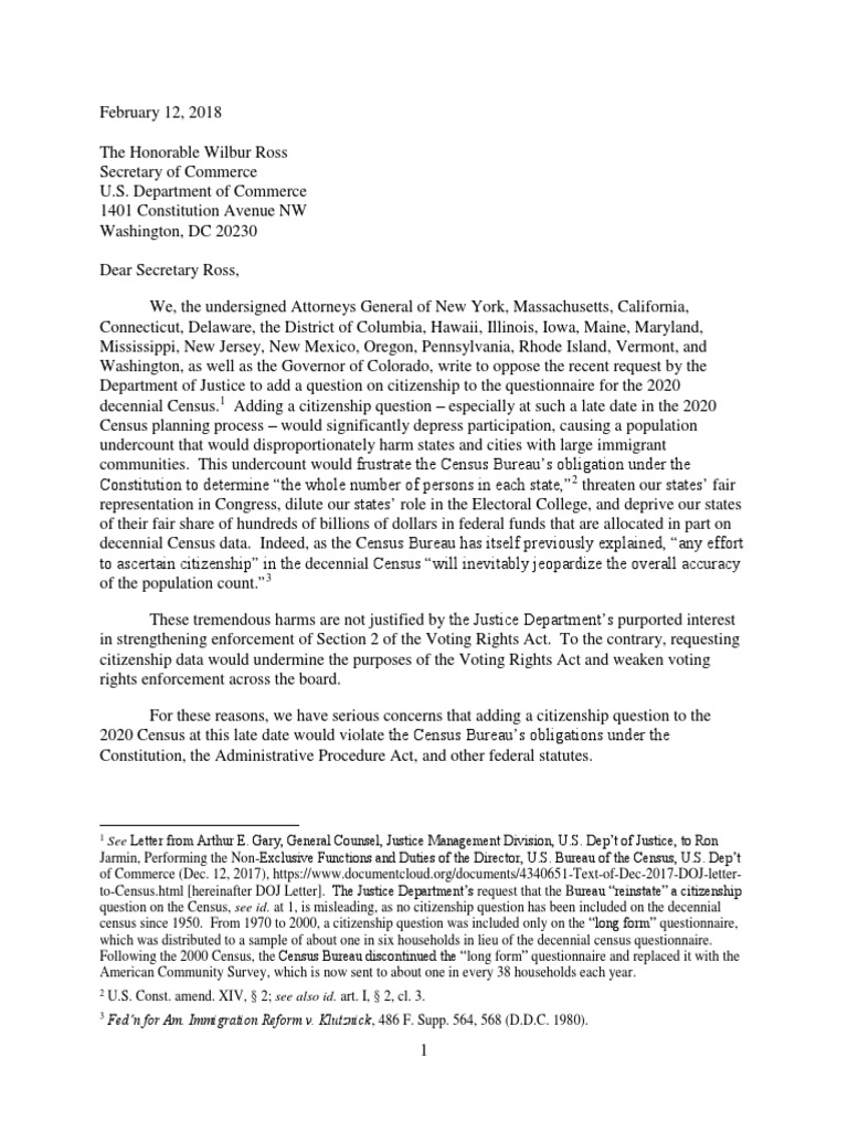 Multi-State Letter Re 2020 Census | PDF | Census | United States Census ...