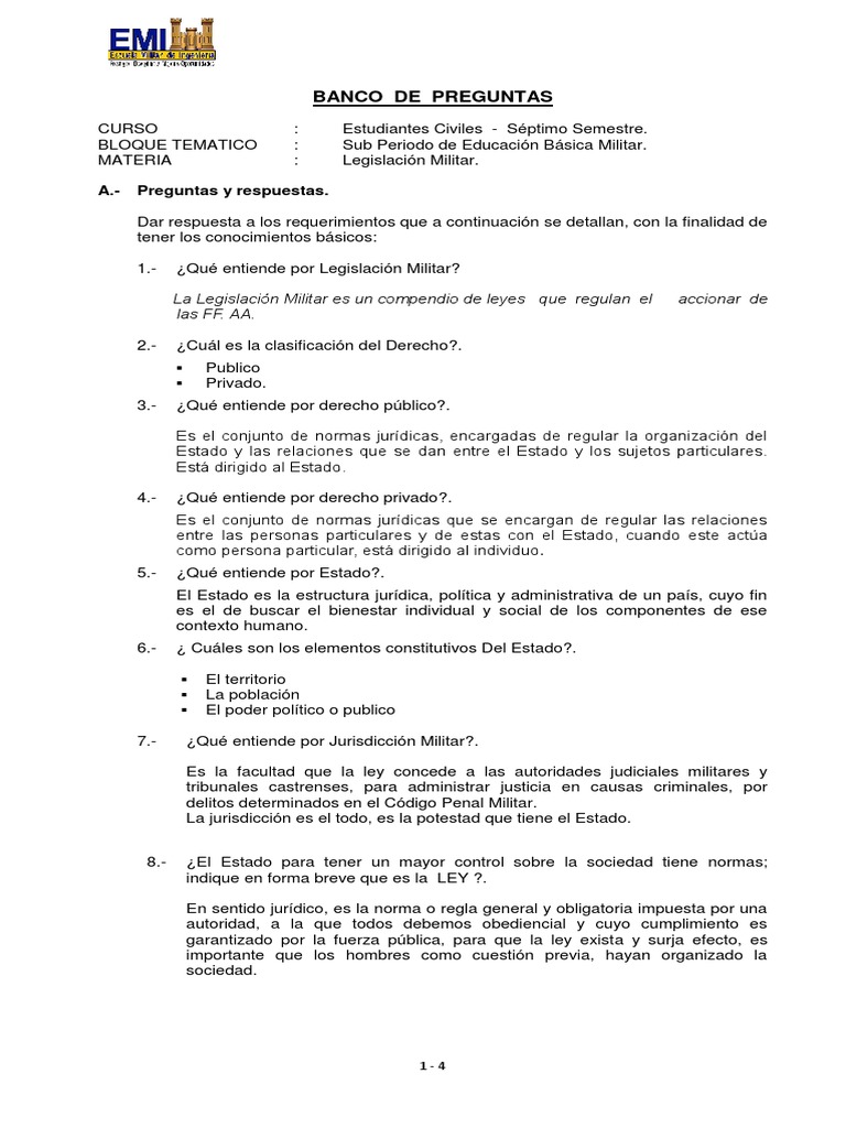 Banco Preguntas y Respuestas Legislacion Militardd | PDF | Estado (política) | Jurisdicción