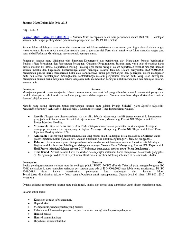 Sasaran Mutu Dalam ISO 9001 | PDF