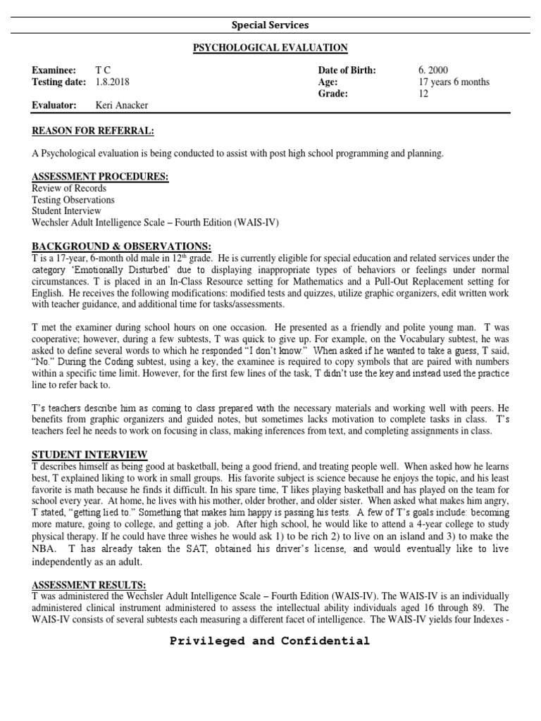 Wais Report T | PDF | Wechsler Adult Intelligence Scale | Clinical ...
