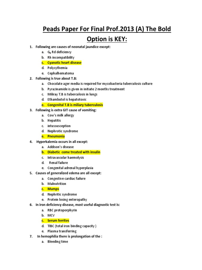 MCQS With KEY - PAEDS | PDF | Anemia | Rtt