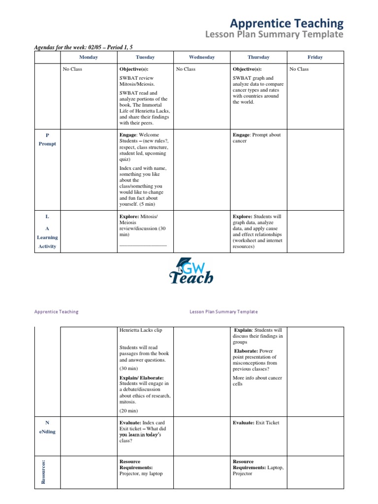 Apprentice Teaching: Lesson Plan Summary Template | PDF | Lesson Plan ...