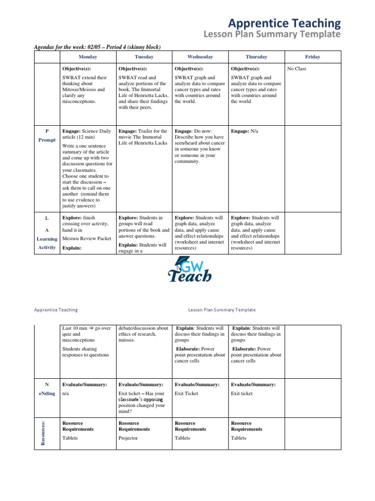 Apprentice Teaching: Lesson Plan Summary Template | PDF | Lesson Plan ...