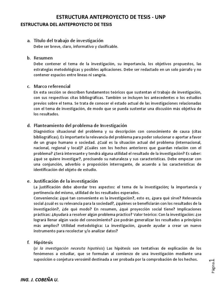Estructura Del Anteproyecto de Tesis Unp | Hipótesis | Conocimiento