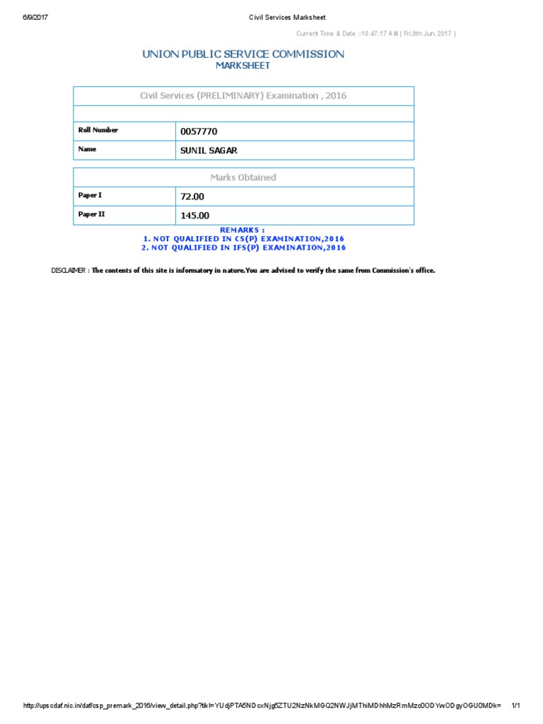 Civil Services Marksheet - 2016 | PDF