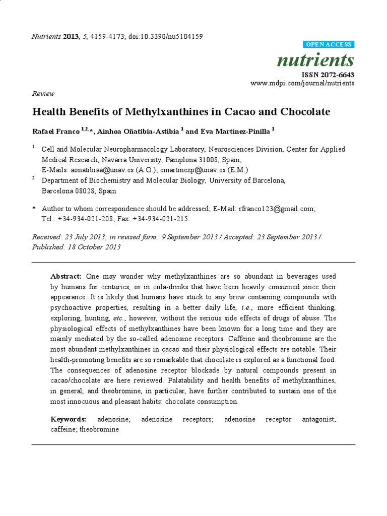 Nutrients: Health Benefits of Methylxanthines in Cacao and Chocolate ...
