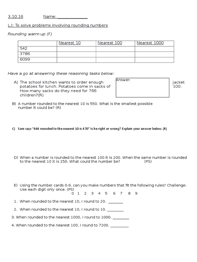 Rounding Numbers Problem Solving Activities | PDF | Teaching Methods ...