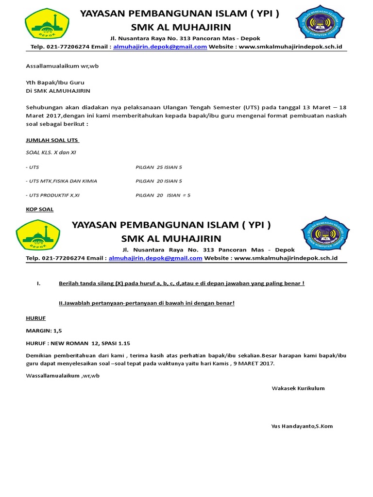 Format Soal UTS SMK Al Muhajirin | PDF