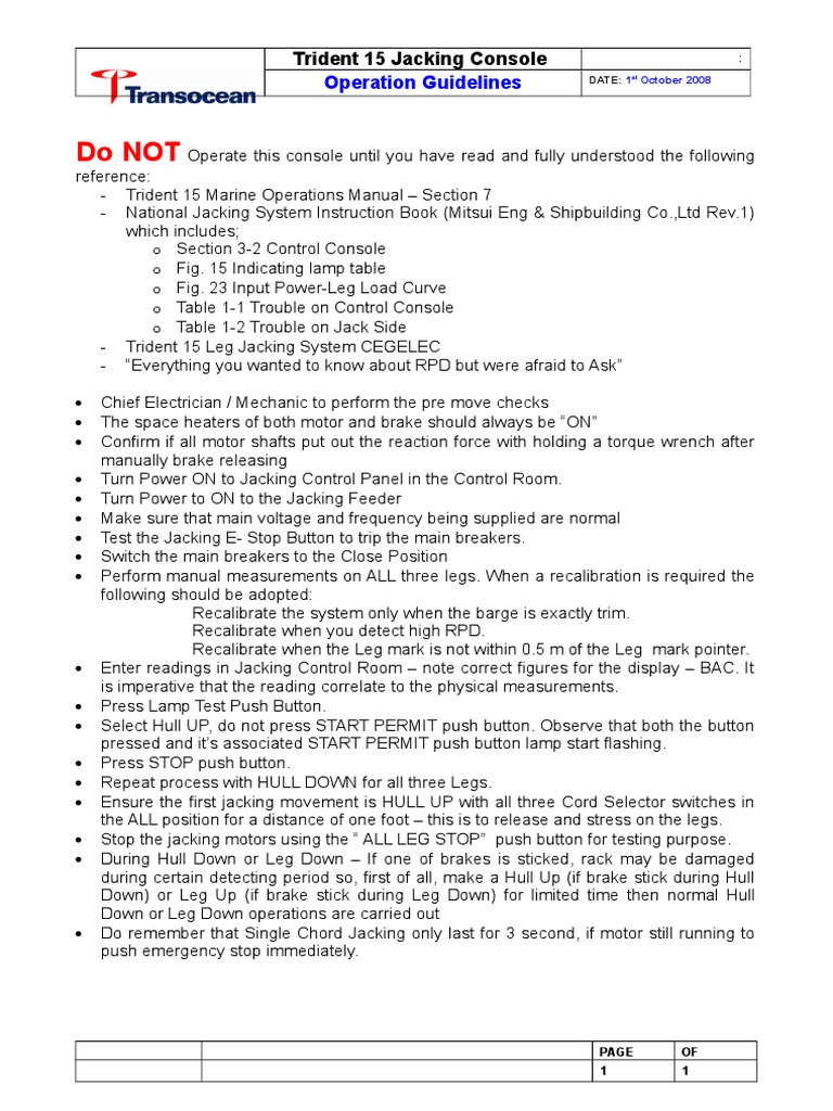 Trident 15 Jacking Console Ops Guidel | PDF | Electrical Components ...