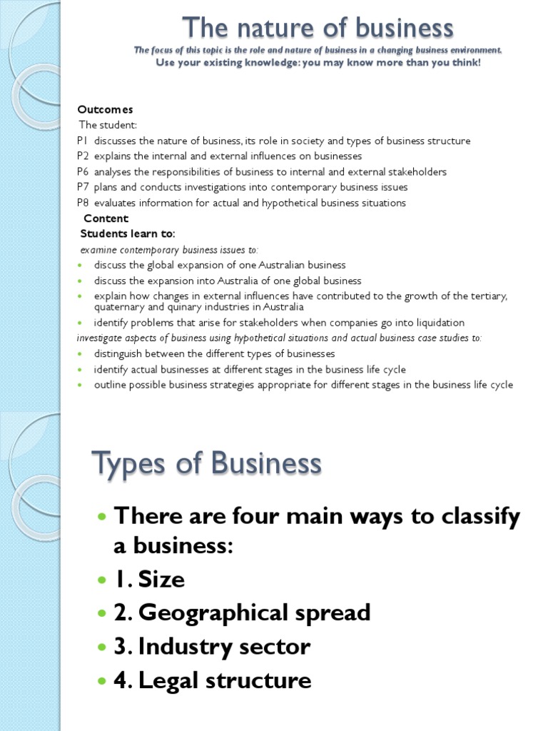 Nature of Business Types of Business | PDF | Partnership | Sole ...
