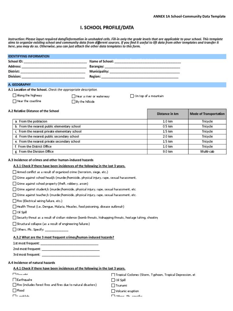 Annex 1A School-Community Data Template 151030 | PDF | Natural Hazards ...