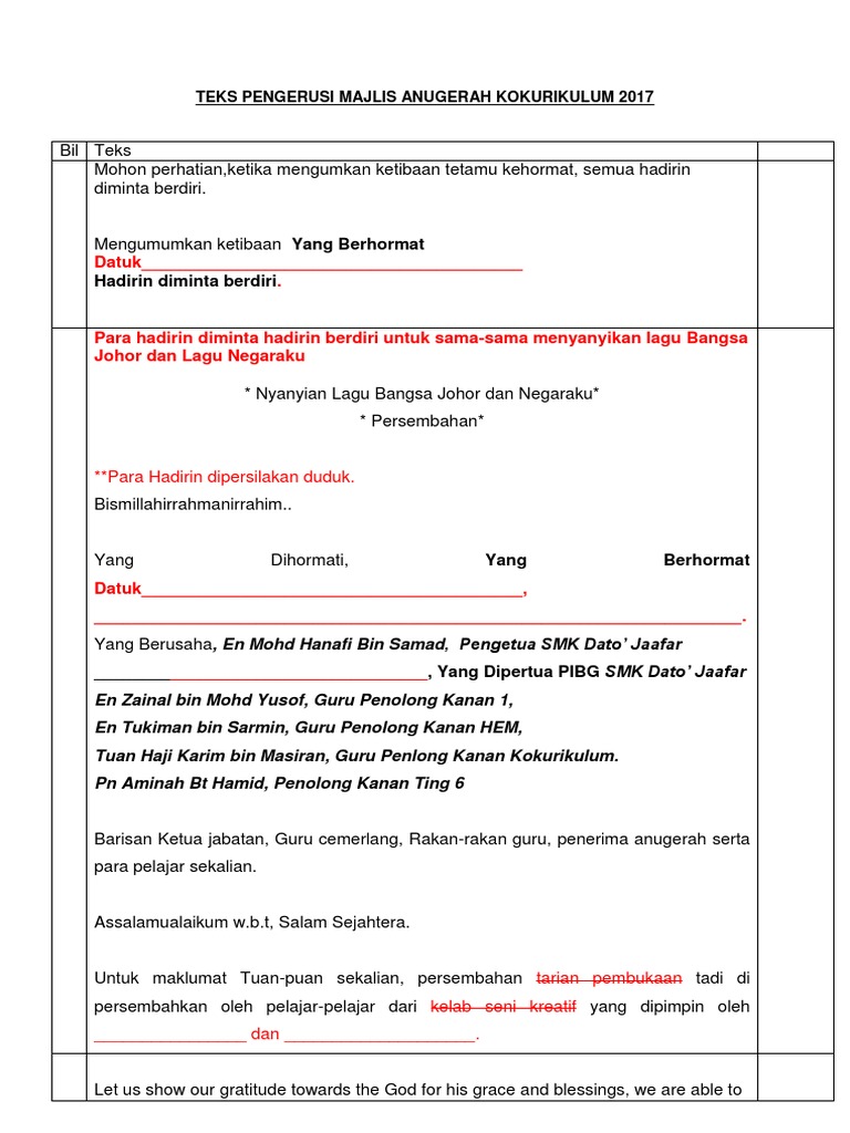 SKRIP MC Anugerah Koko, Akademik Dan HEM 2017 | PDF
