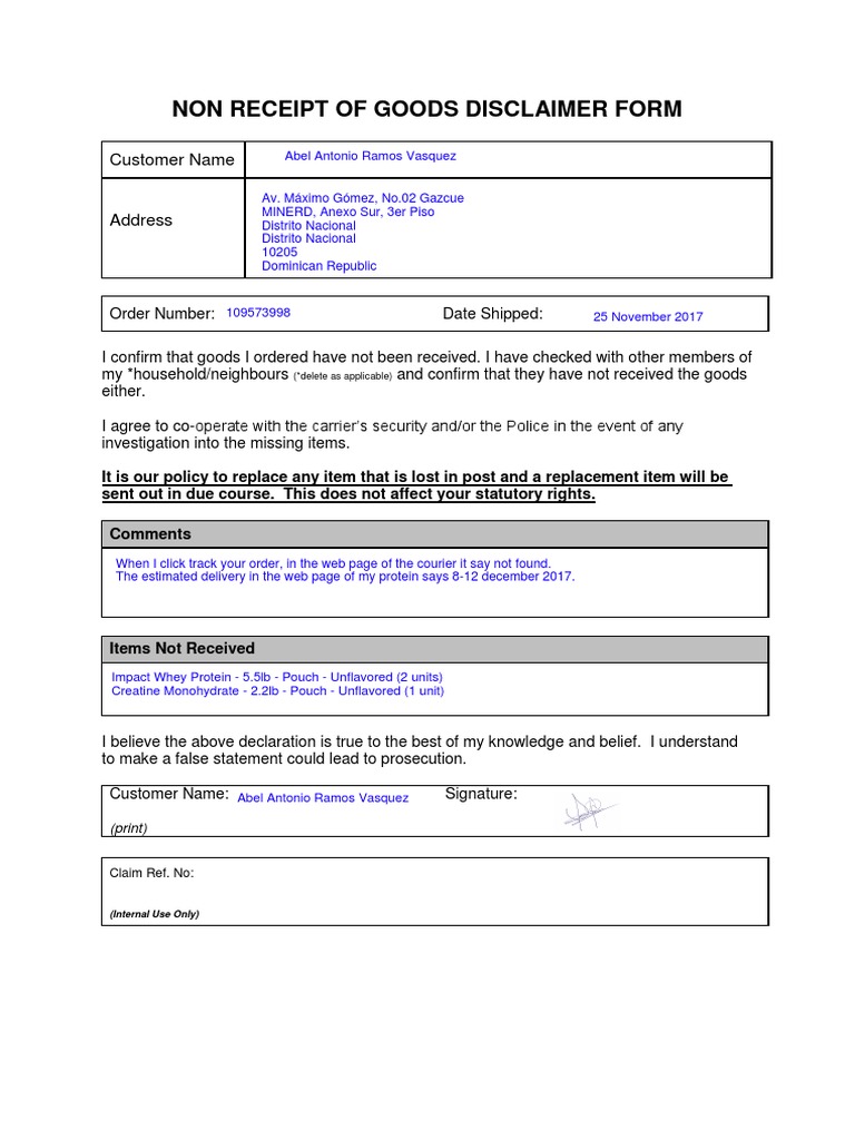 Non Receipt of Goods Disclaimer Form: Customer Name | PDF