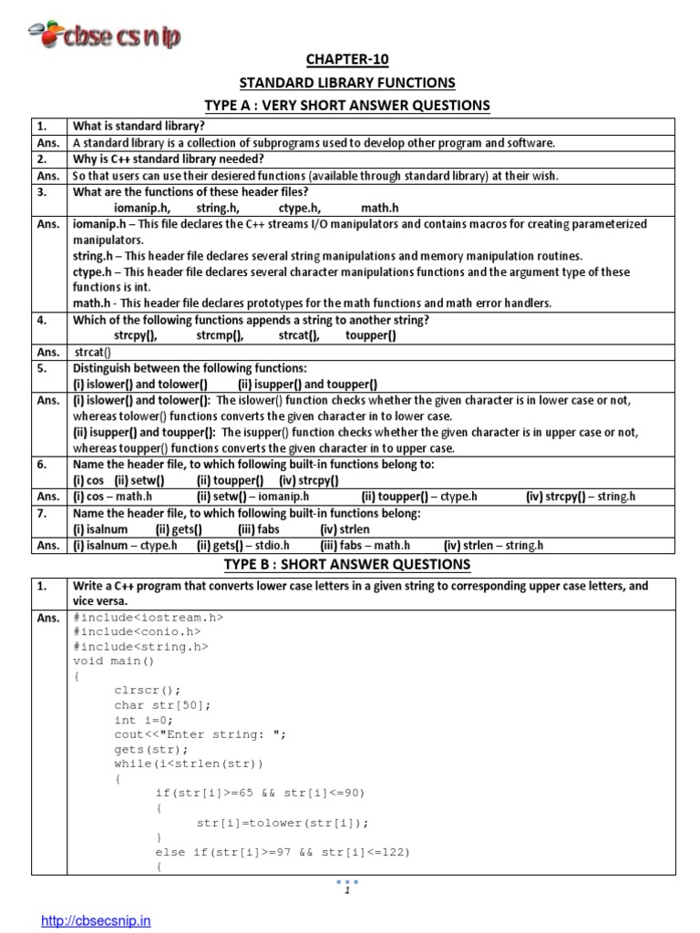 Chapter-10 Standard Library Functions Type A: Very Short Answer ...