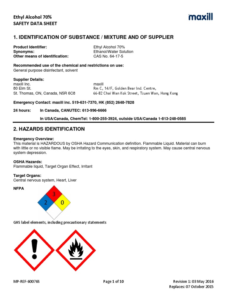 MSDS Alkohol 70% | PDF | Ethanol | Firefighting