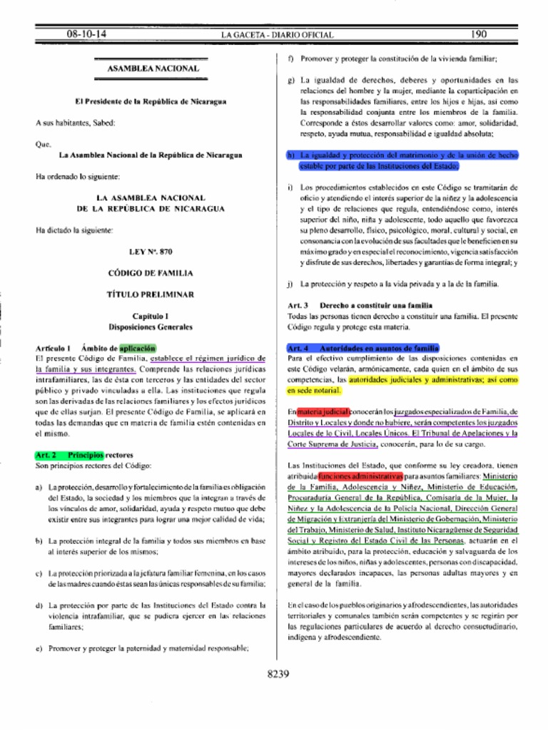 Código de Familia Ley No. 870 | Parentesco | Familia