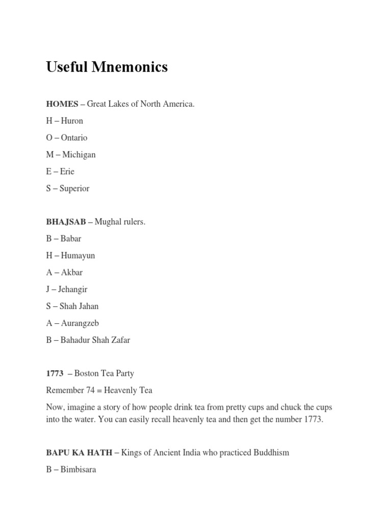 Useful Mnemonics For Exam | PDF