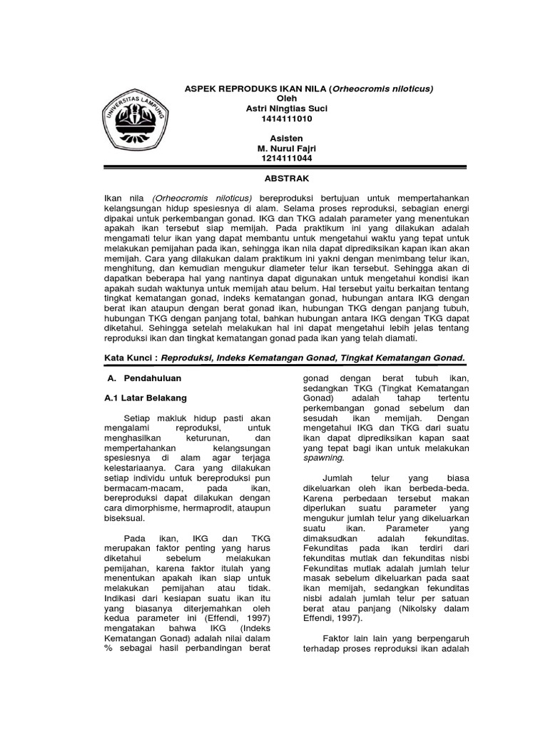 Reproduksi Ikan Nila: IKG & TKG | PDF