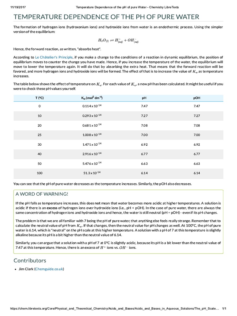 Temperature Dependence of The PH of Pure Water - Chemistry LibreTexts ...