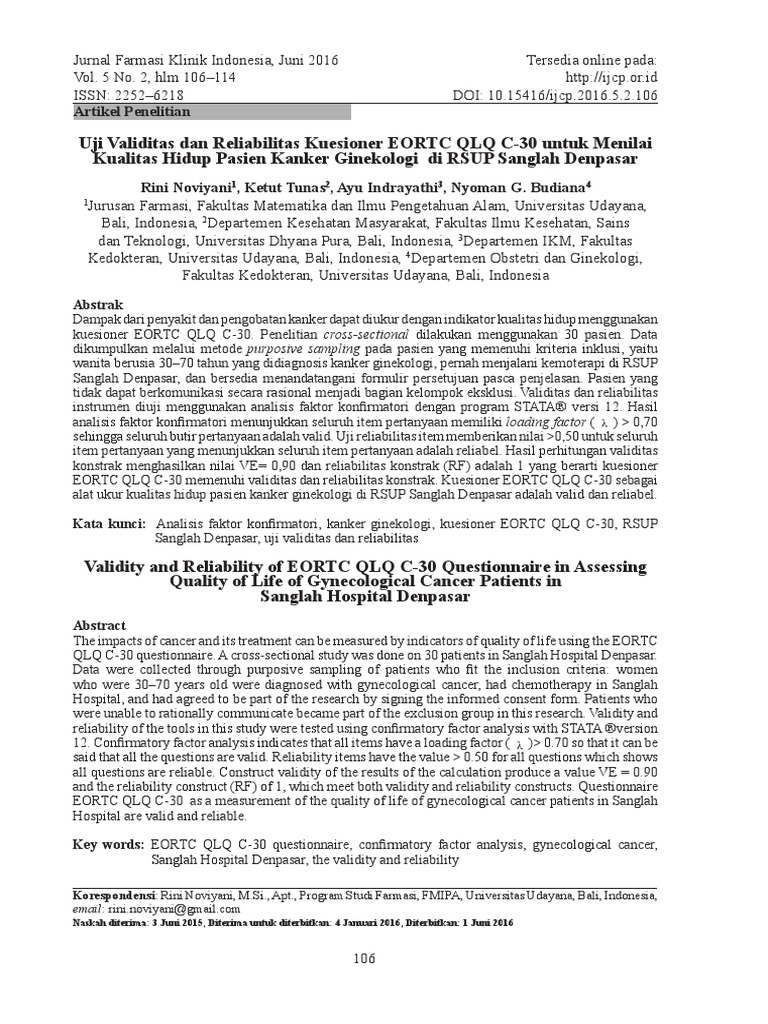 Uji Validitas Dan Reliabilitas Kuesioner EORTC QLQ C-30 Untuk Menilai | PDF