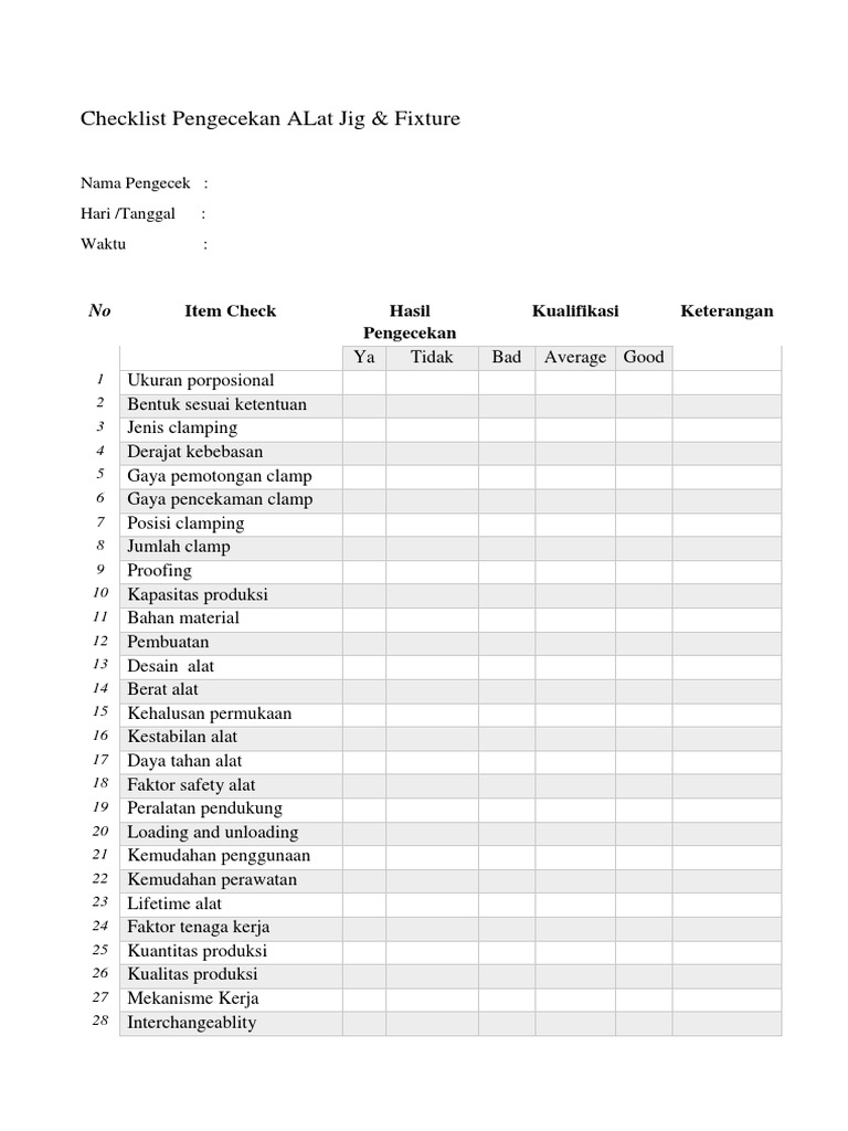 Checklist Pengecekan Alat Jig | PDF | Teknologi & Rekayasa