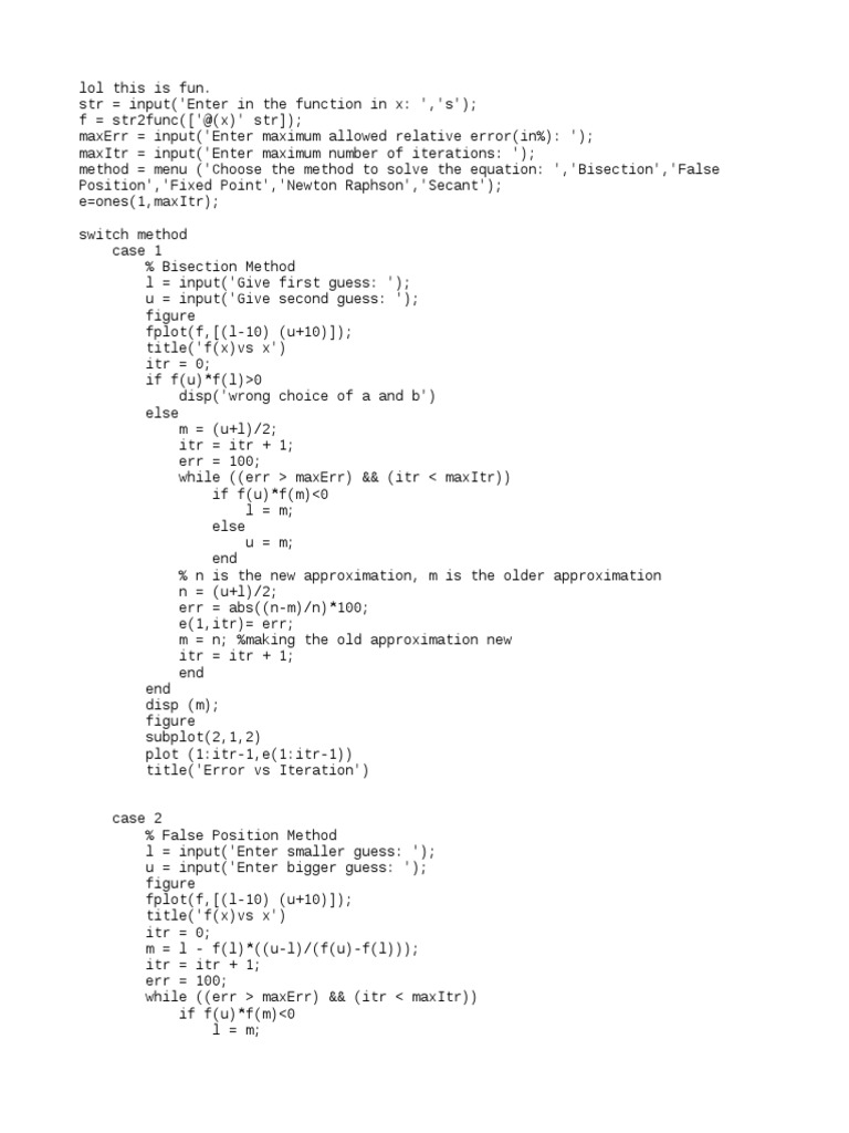 Matlab Code For Roots of Non-Linear Equation | PDF | Computational ...
