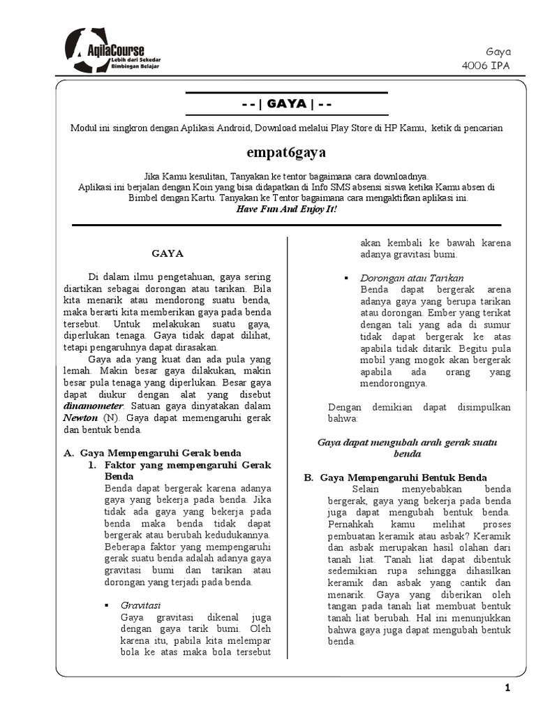 Modul Bimbel Kelas 4 KTSP 4006 IPA Bab 6 Gaya | PDF