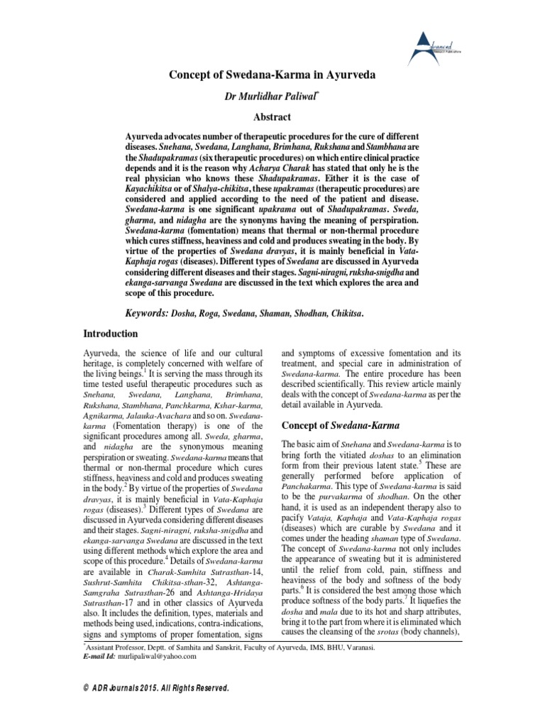 Concept of Swedana Karma in Ayurveda | PDF | Ayurveda | Clinical Medicine