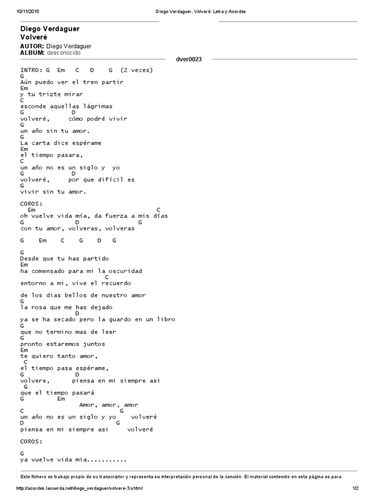 Diego Verdaguer Volveré Letra y Acordes | PDF