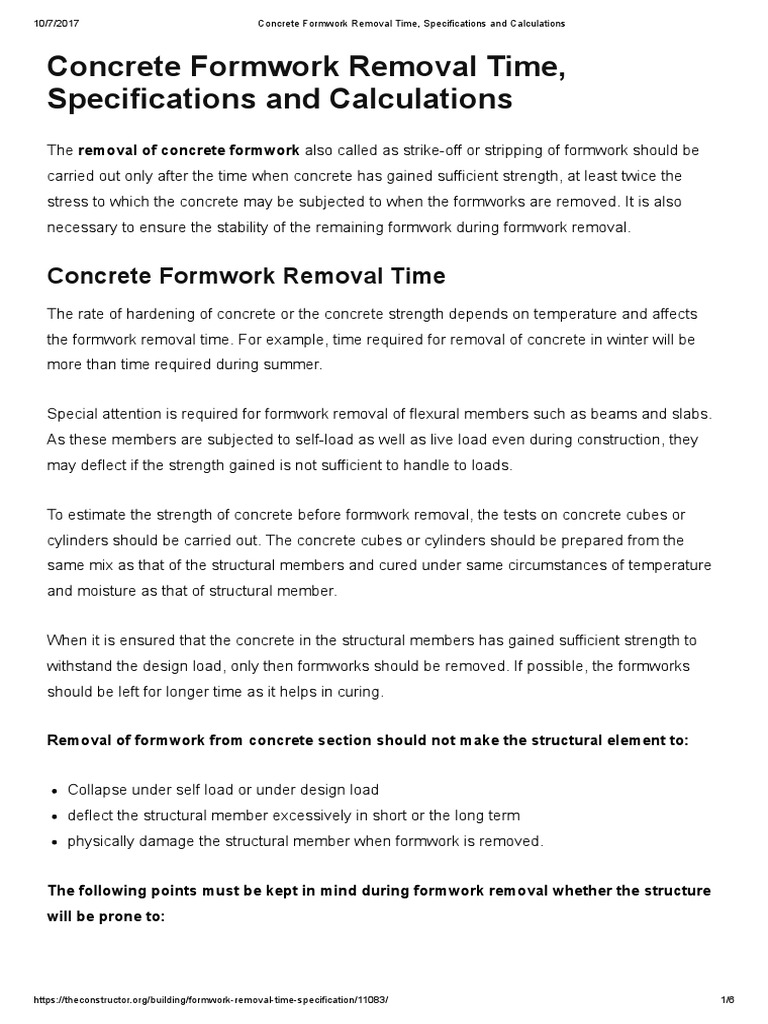 Concrete Formwork Removal Time Specifications And Calculations Pdf Concrete Strength Of