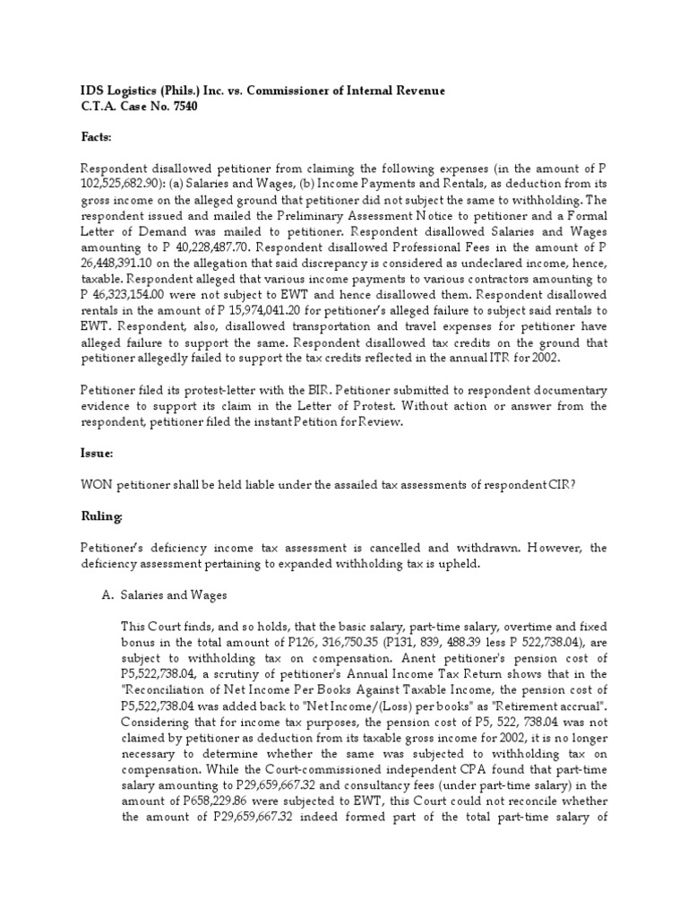 IDS Logistics vs. Commissioner of Internal Revenue | PDF | Income Tax ...