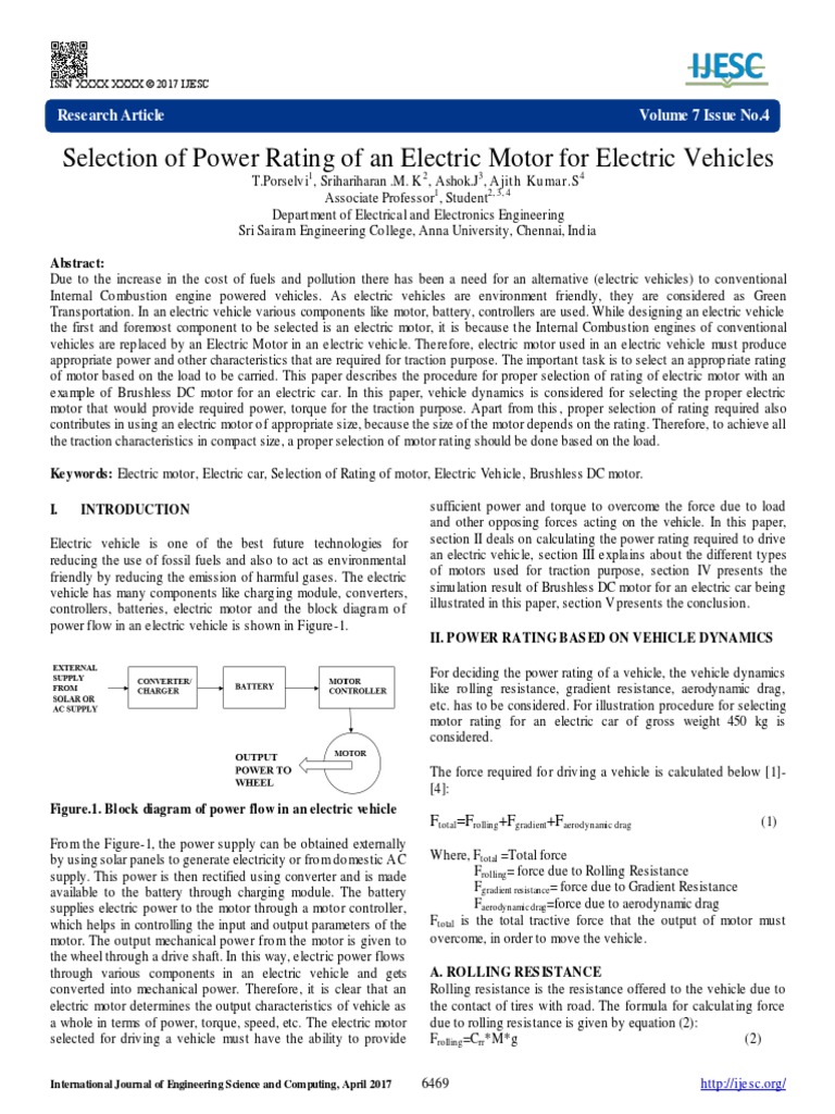 Research Electric Car - Selection of Power Rating of An Electric Motor ...