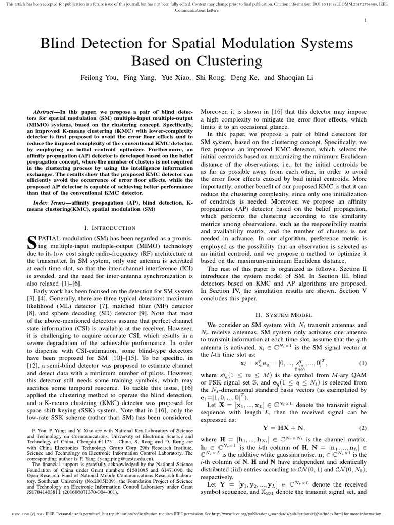 Blind Detection For Spatial Modulation Systems Based On Clustering | PDF | Mimo | Cluster Analysis