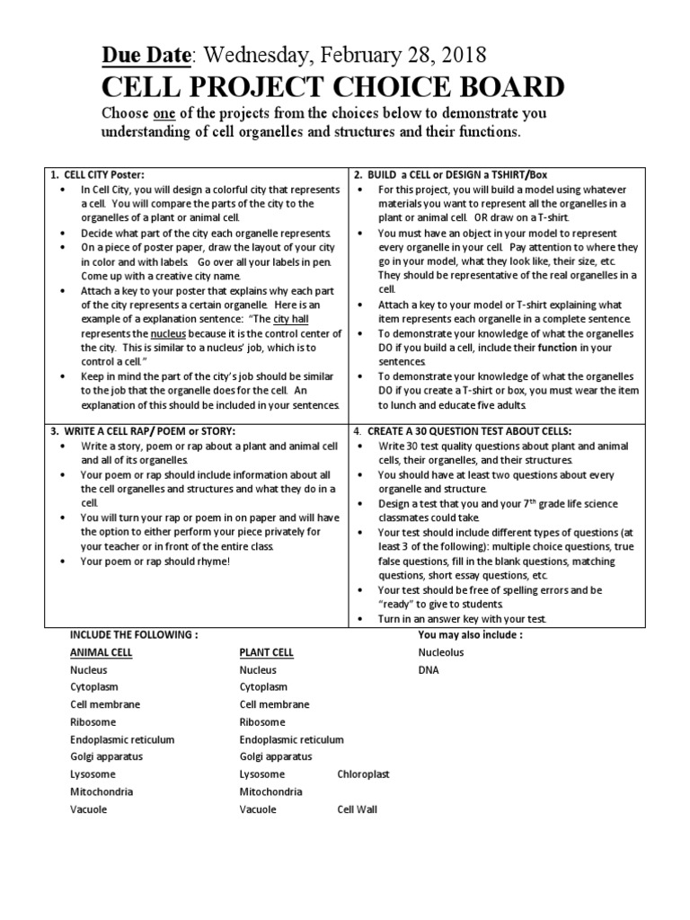 Cell Choice Board | PDF | Cytoplasm | Cell (Biology)