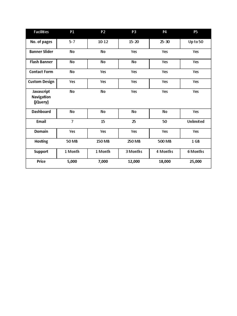 Website Package Comparison Chart | PDF
