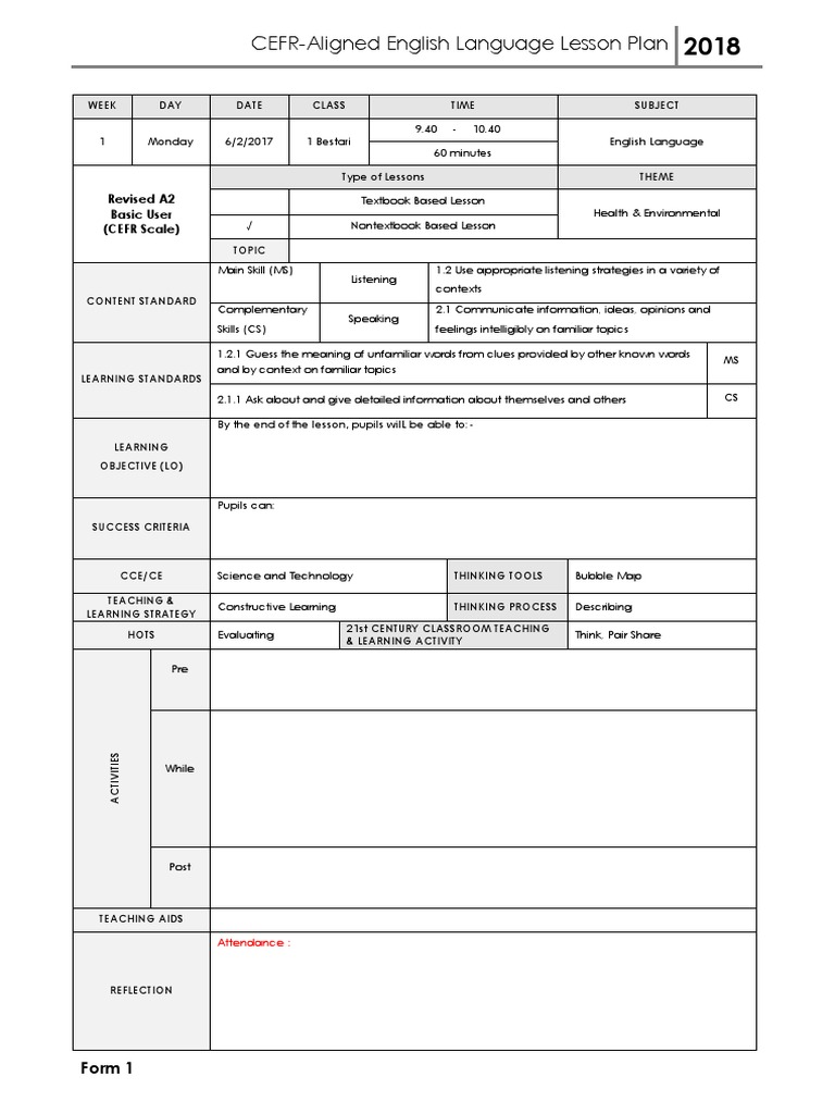 RPH Cefr 2018 Form 1 | PDF | Lesson Plan | English Language