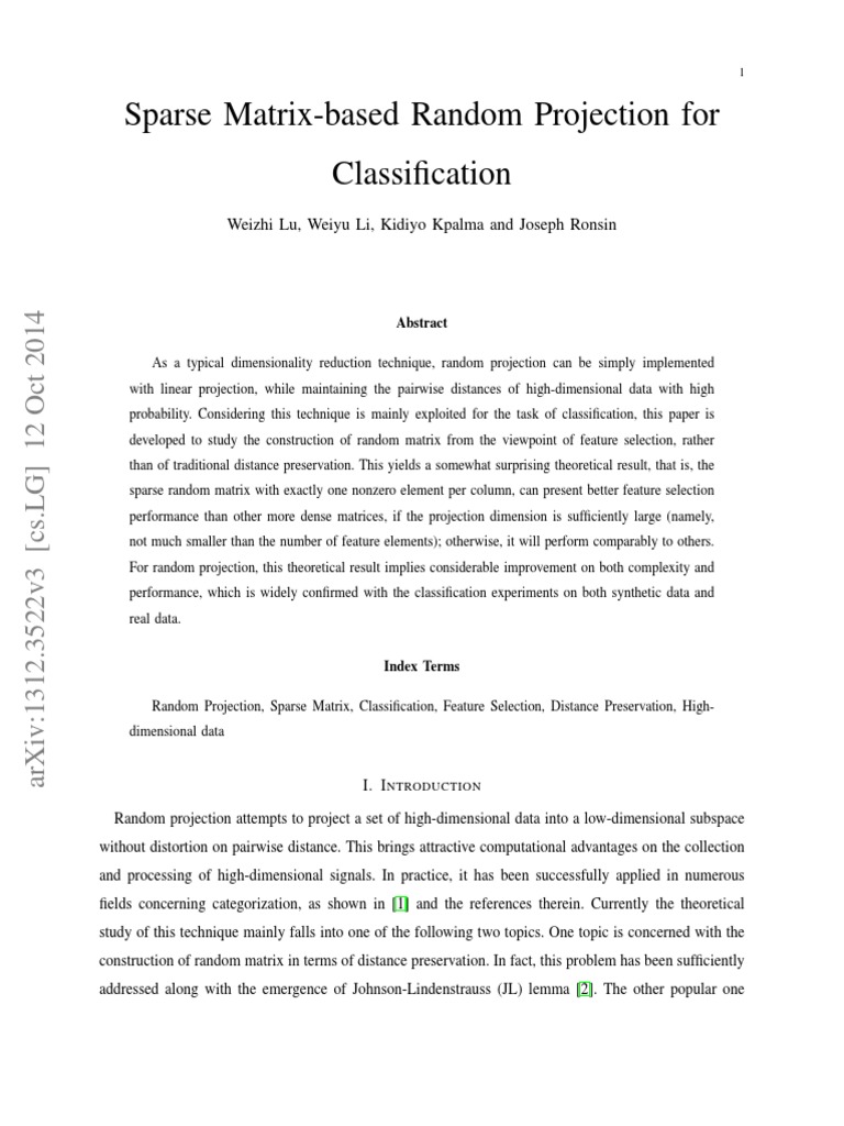 Sparse Matrix-Based Random Projection For Classification: Weizhi Lu ...