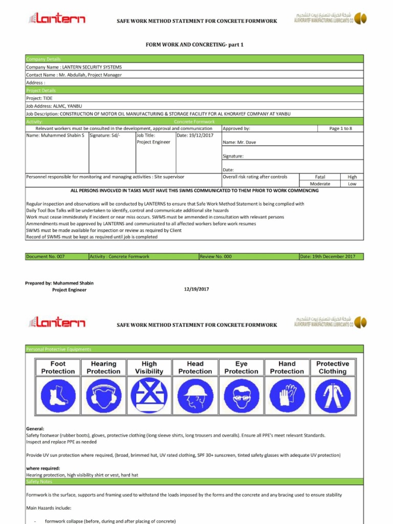 Safe Work Method Statement - Formwork and Concreting | PDF | Safety ...