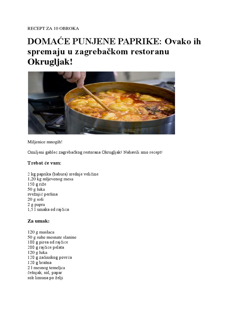 Domaće Punjene Paprike - Recept Za 10 Obroka | PDF