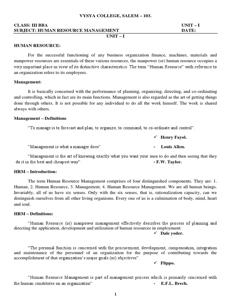 Vysya College, Salem - 103. Class: Iii Bba Unit - I Subject: Human ...