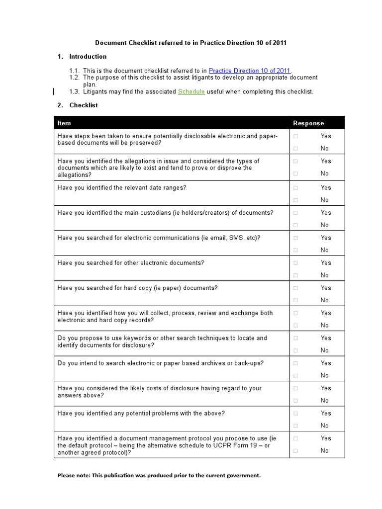 Document Checklist Referred To in Practice Direction 10 of 2011 ...